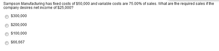 Solved Sampson Manufacturing has fixed costs of $50,000 and | Chegg.com