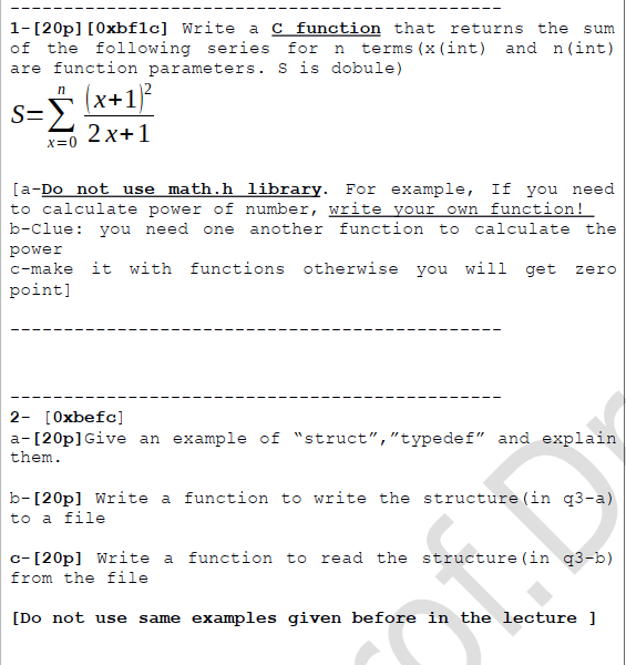 Solved 1-[20p] [Oxbflc] Write a c function that returns the | Chegg.com