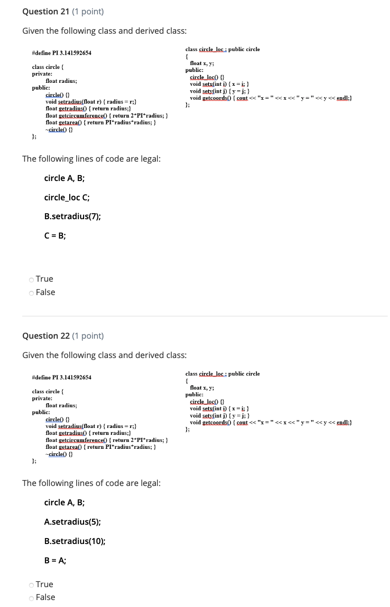 Solved Question 21 (1 point) Given the following class and | Chegg.com