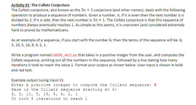 Solved Activity #1: The Collatz Conjecture The Collatz | Chegg.com
