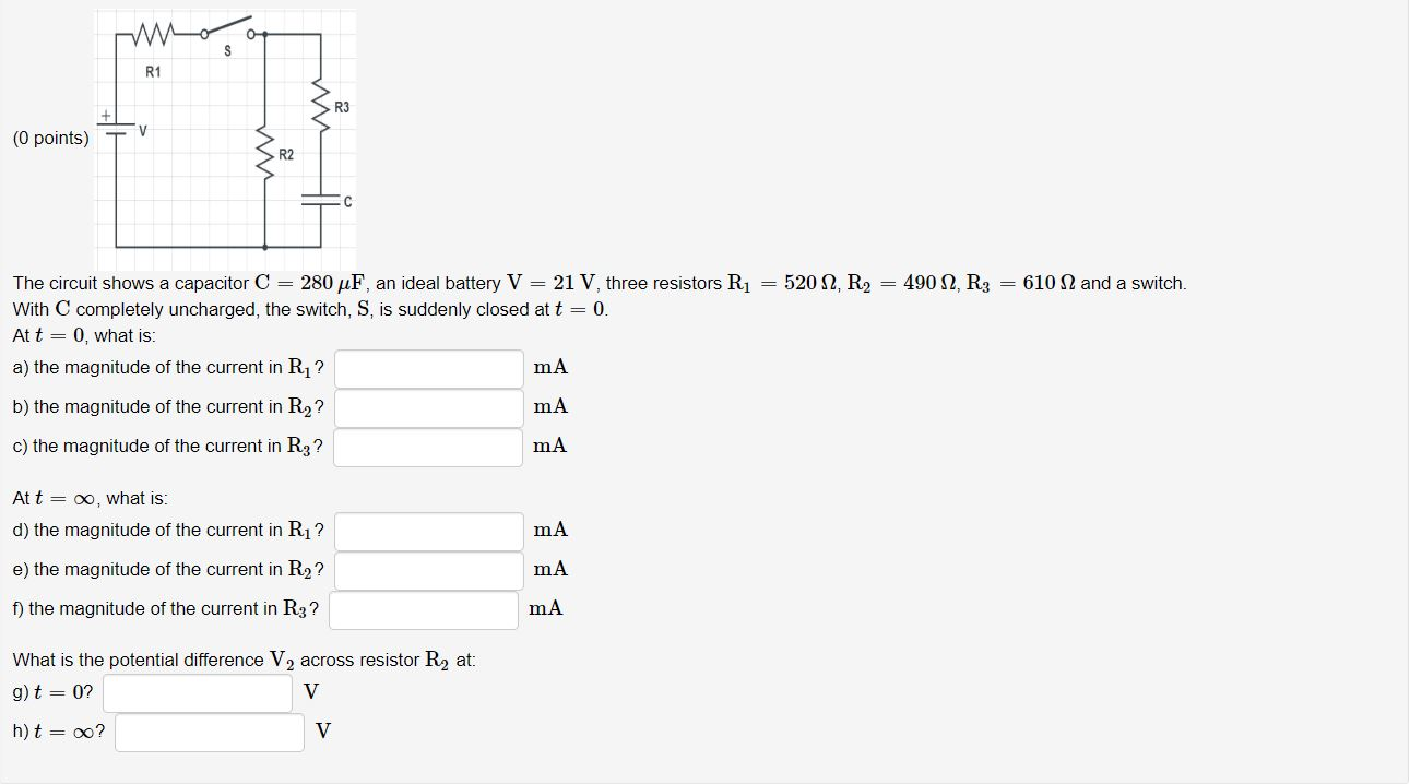 Solved s R1 V (0 points) R2 The circuit shows a capacitor C= | Chegg.com