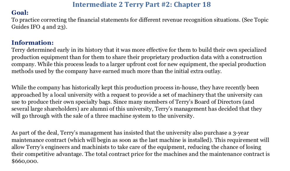 Solved Intermediate 2 Terry Part #2: Chapter 18 Goal: To | Chegg.com
