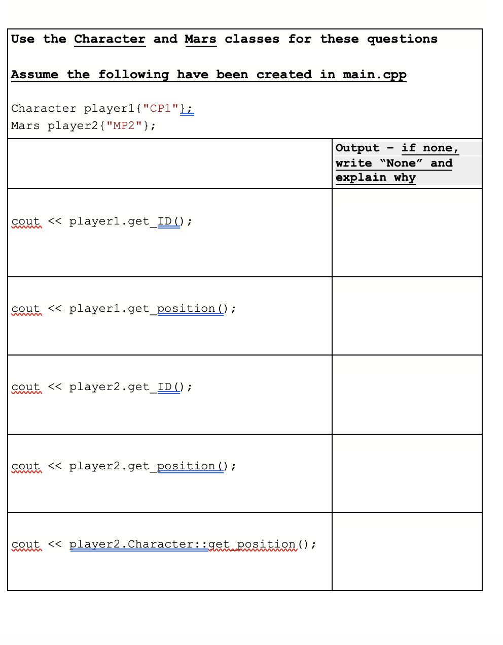 Use the Character and Mars classes for these | Chegg.com
