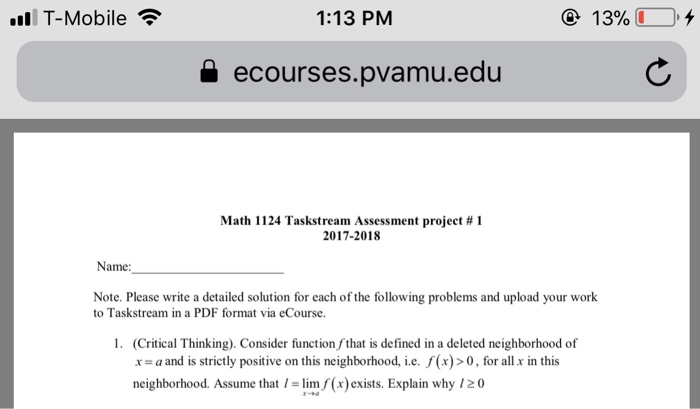 Solved ll T-Mobile 1:13 PM a ecourses.pvamu.edu Math 1124 | Chegg.com