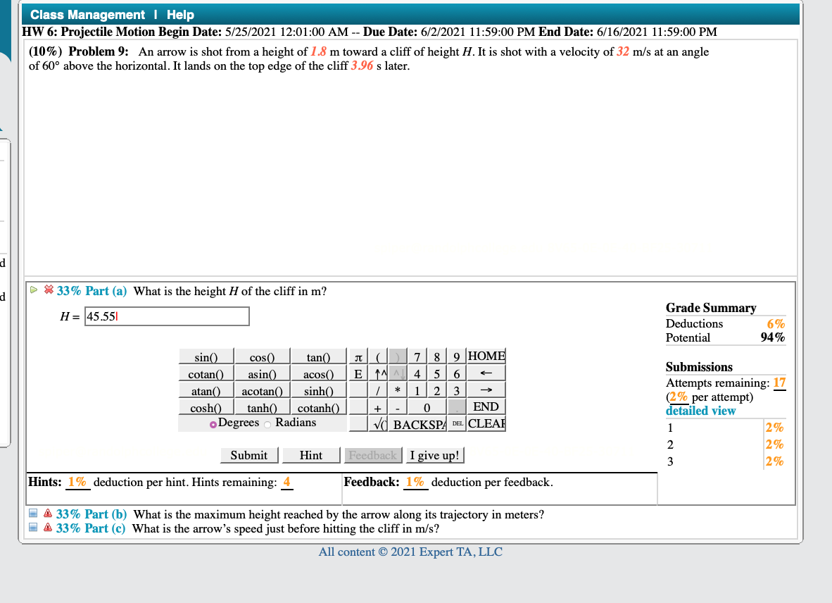 Solved Class Management | Help HW 6: Projectile Motion Begin | Chegg.com