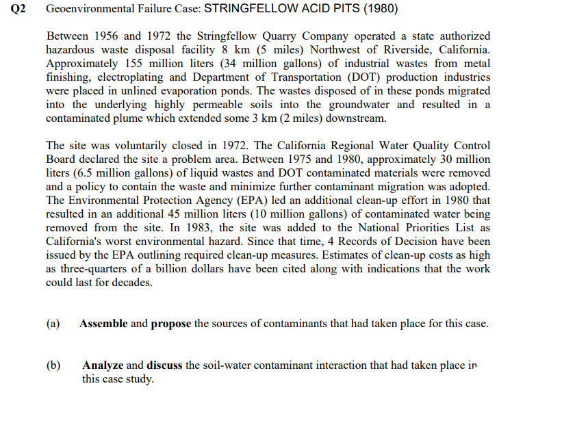 Solved Q2 Geoenvironmental Failure Case: STRINGFELLOW ACID | Chegg.com