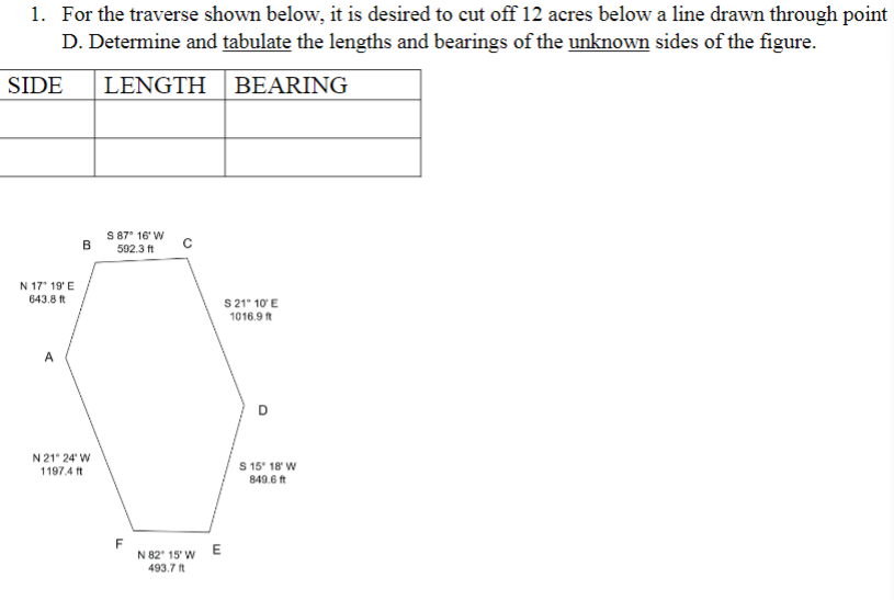 Solved 1. For the traverse shown below, it is desired to cut | Chegg.com
