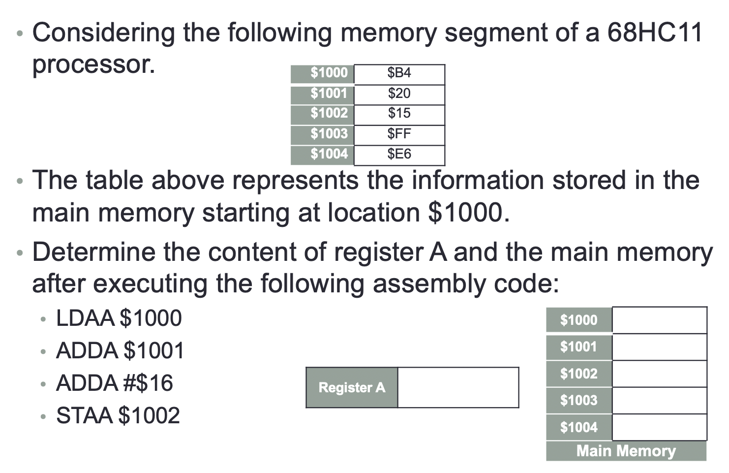 Solved Considering the following memory segment of a 68HC11 | Chegg.com