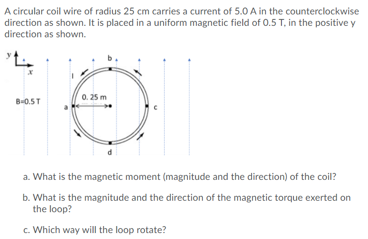 Solved A circular coil wire of radius 25 cm carries a | Chegg.com