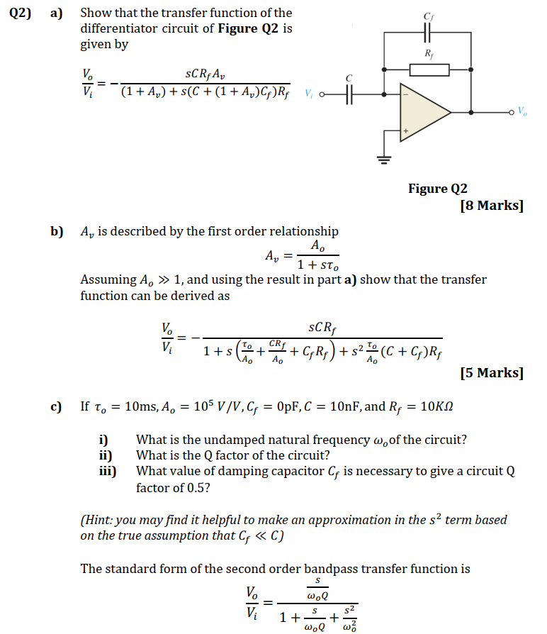 Solved (2) a) Show that the transfer function of the | Chegg.com