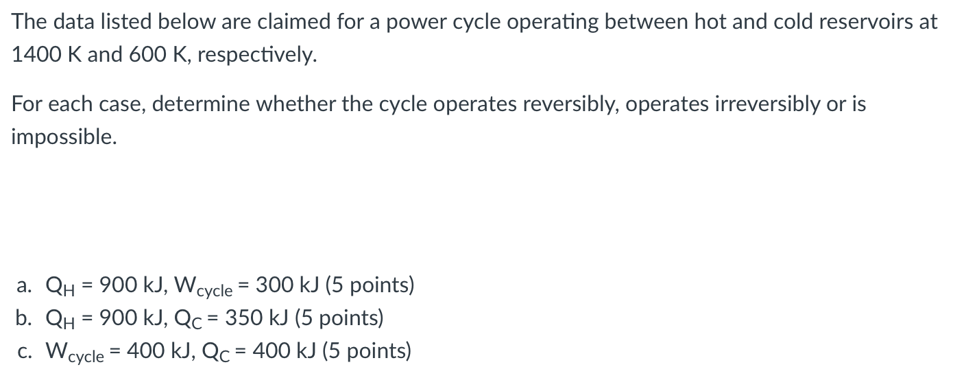Solved The data listed below are claimed for a power cycle | Chegg.com