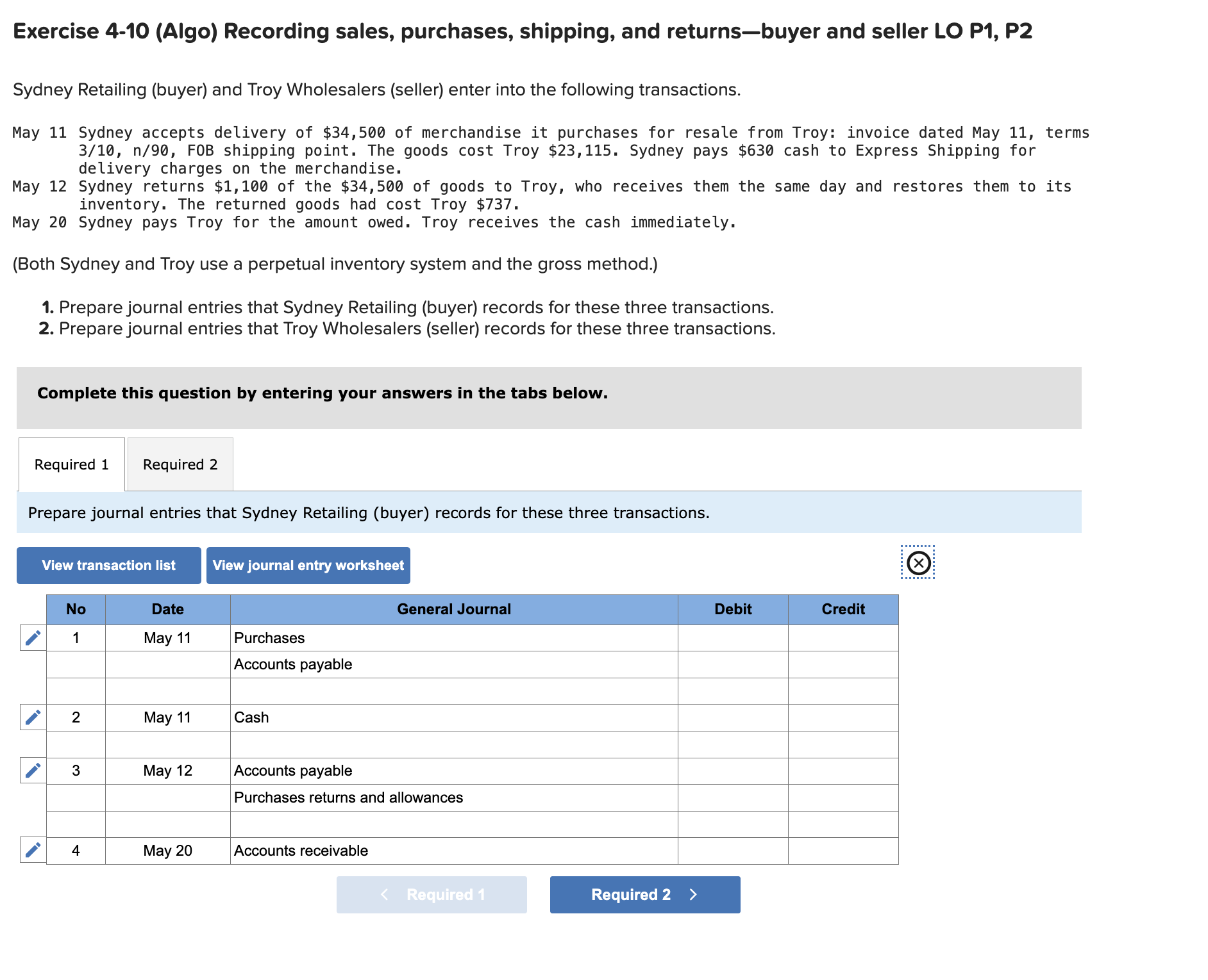 Solved Exercise 4-10 (Algo) ﻿Recording sales, purchases, | Chegg.com