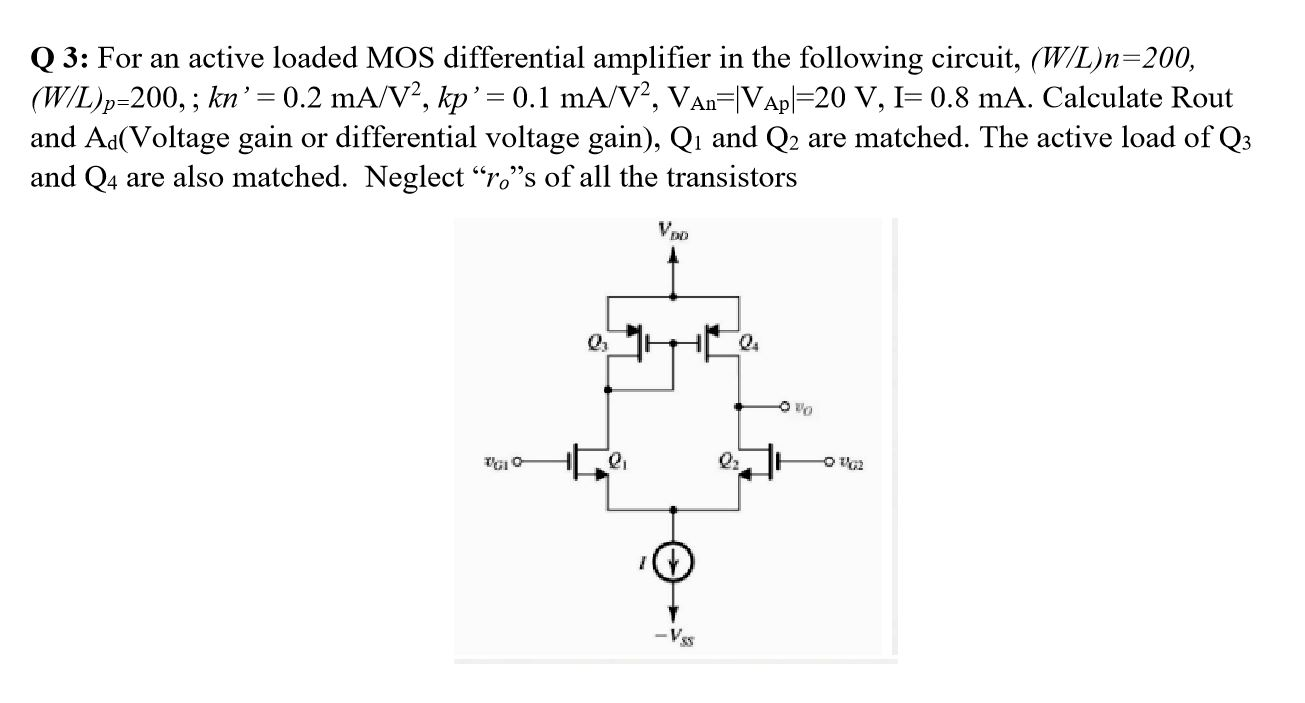 Solved Q 3: For an active loaded MOS differential amplifier | Chegg.com
