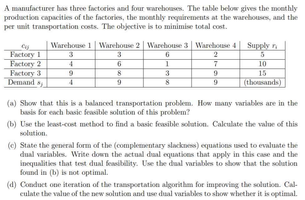 Solved A manufacturer has three factories and four | Chegg.com