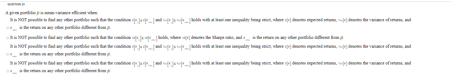 Solved A given portfolio p is mean-variance efficient when: | Chegg.com