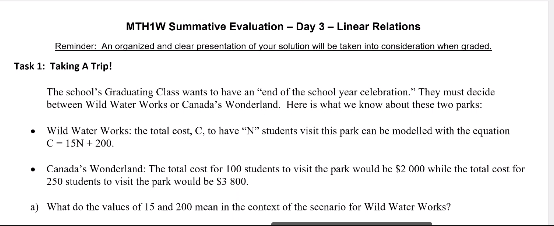 Solved MTH1W Summative Evaluation - Day 3 - Linear Relations | Chegg.com