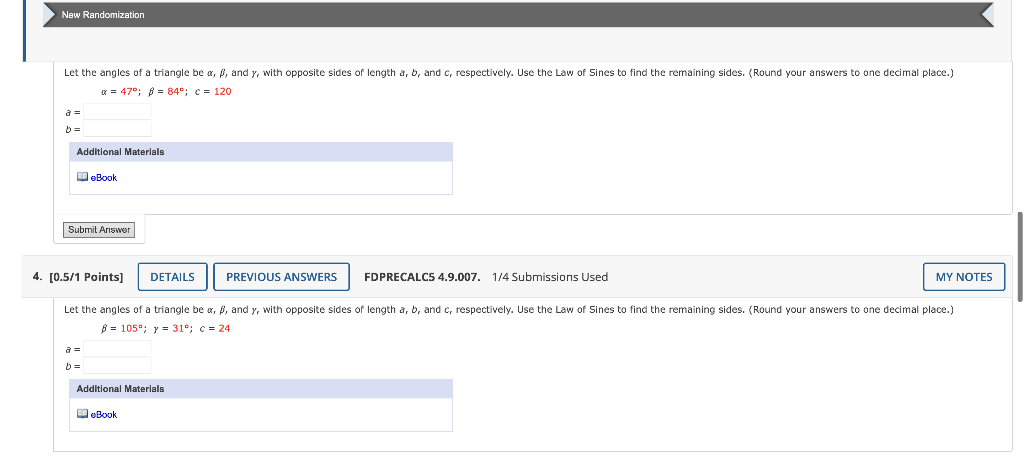 Solved New Randomization Sines to find the remaining sides. | Chegg.com