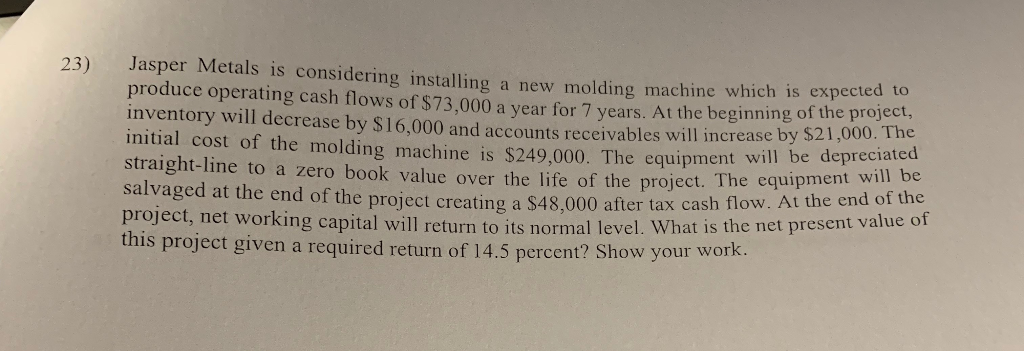 Solved Jasper Metals is considering installing a new molding | Chegg.com