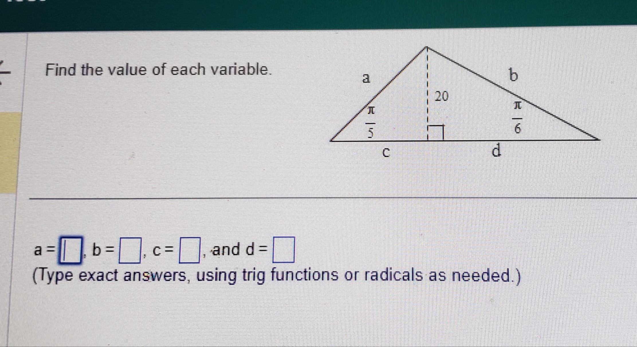 Solved Find the value of each variable. a= b= c= and d= | Chegg.com
