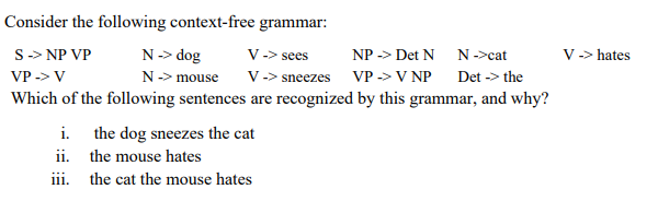 Solved Consider the following context-free grammar: S→ NP VP | Chegg.com