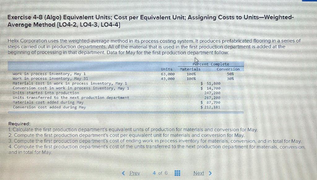 Solved Exercise 4-8 (Algo) Equivalent Units; Cost per | Chegg.com