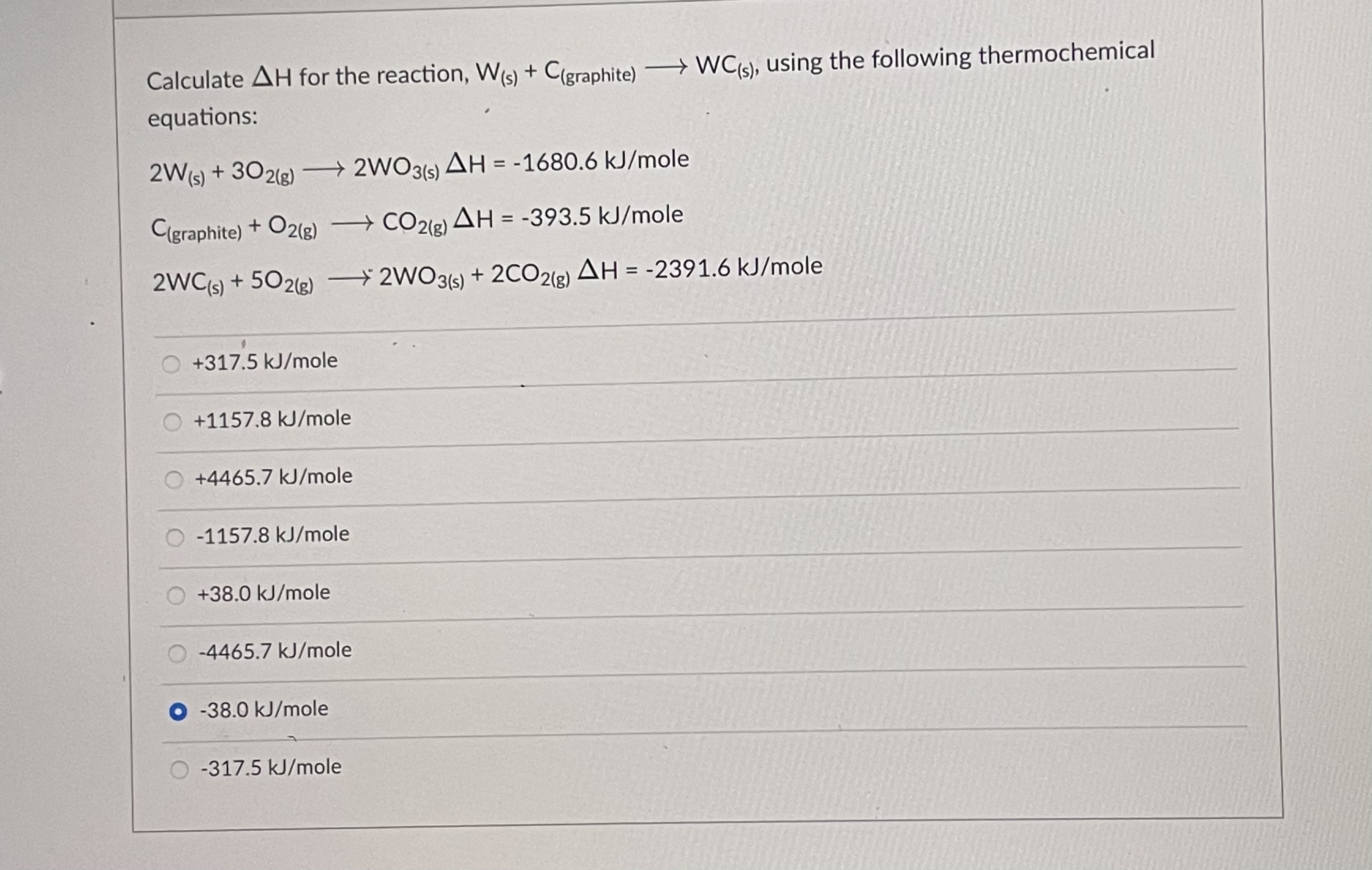 Solved Calculate ΔH for the reaction, W(s)+C(graphite) | Chegg.com