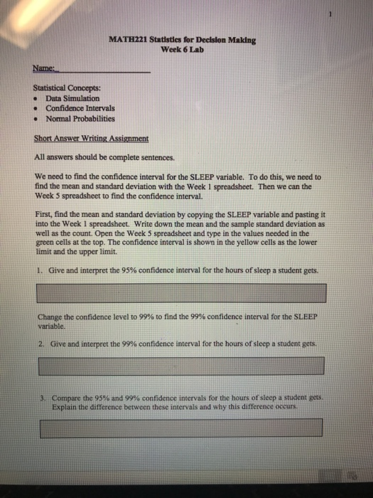 Solved MATH221 Statistics for Declslon Making Week 6 Lab | Chegg.com