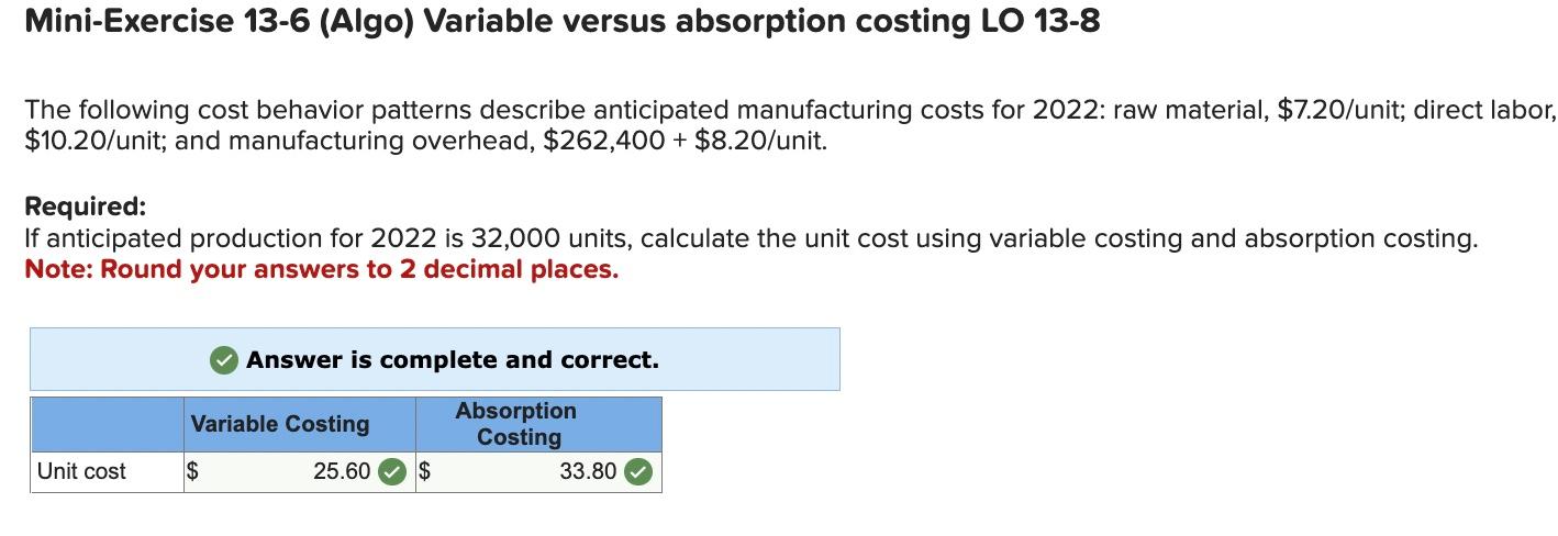 Solved Mini-Exercise 13-6 (Algo) Variable versus absorption | Chegg.com
