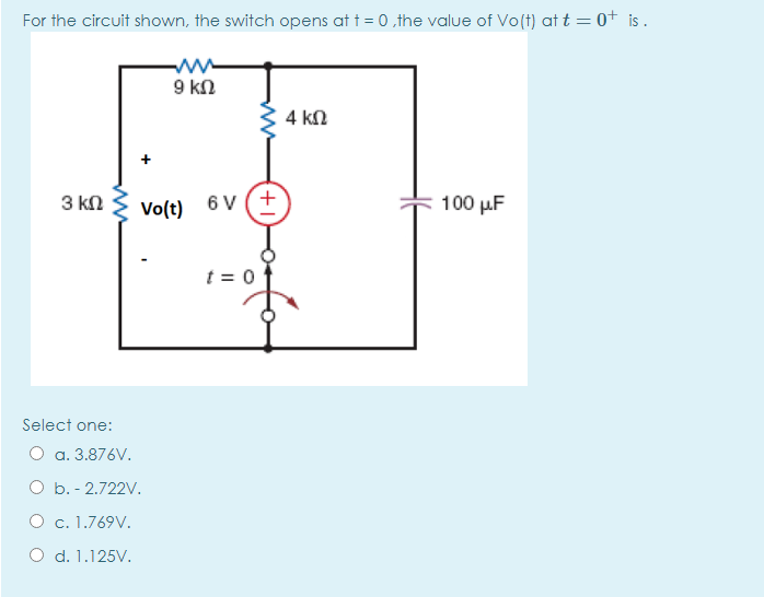 Solved For the circuit shown, the switch opens at t = 0 ,the | Chegg.com