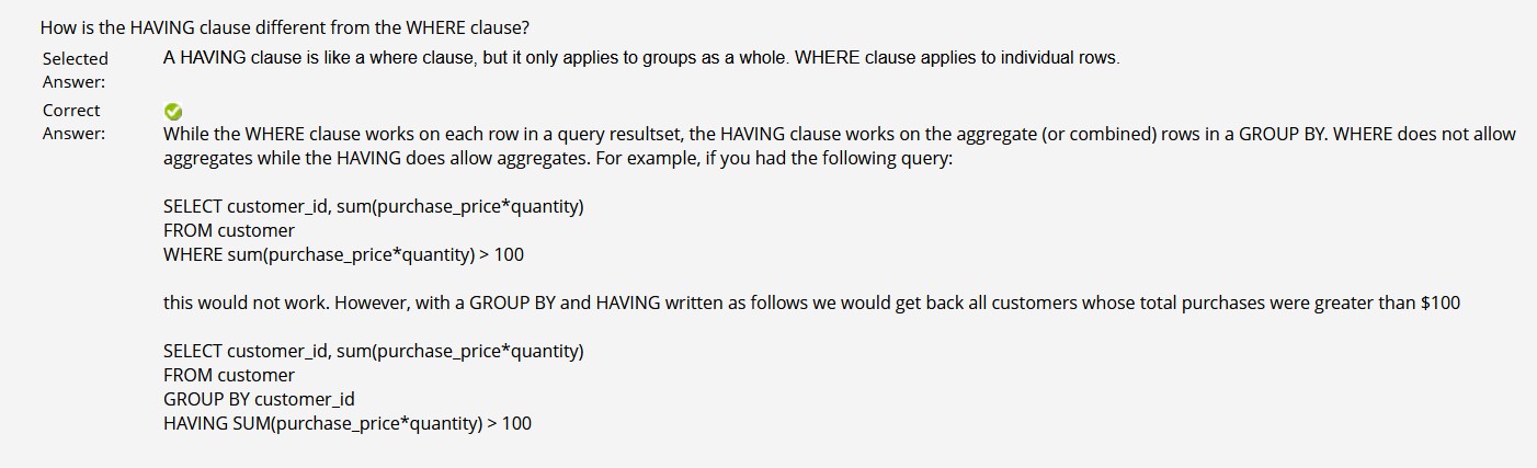 Solved s the HAVING clause different from the WHERE clause? | Chegg.com