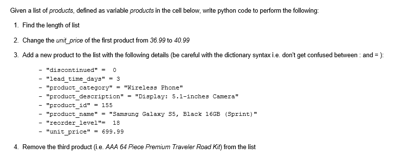 Solved Given a list of products, defined as variable | Chegg.com