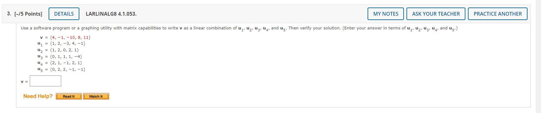 Solved 3. [-/5 Points] DETAILS LARLINALG8 4.1.053. MY NOTES | Chegg.com