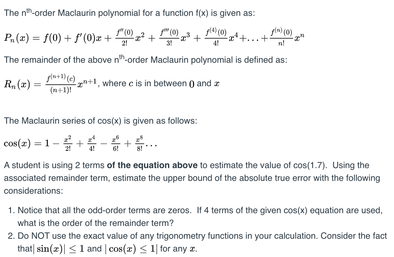 Solved The nth-order Maclaurin polynomial for a function | Chegg.com