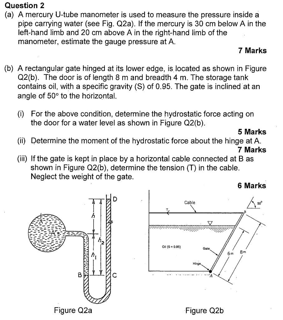 Solved Question 2 (a) A mercury U-tube manometer is used to | Chegg.com