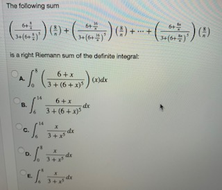Solved The following sum is a right Riemann sum of the | Chegg.com