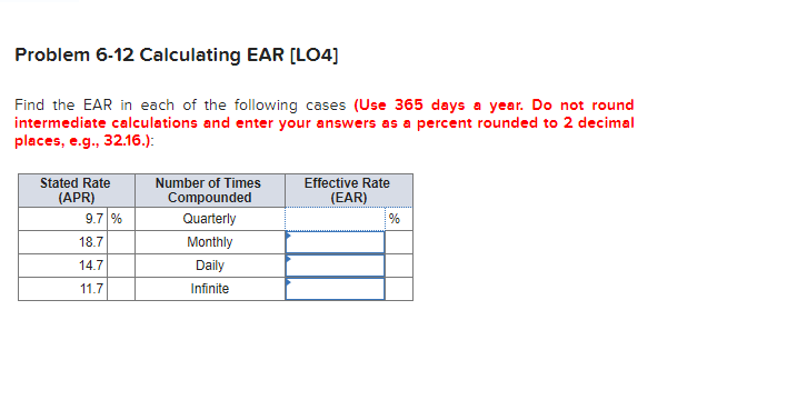 Solved Problem 6-12 Calculating EAR (L04) Find the EAR in | Chegg.com