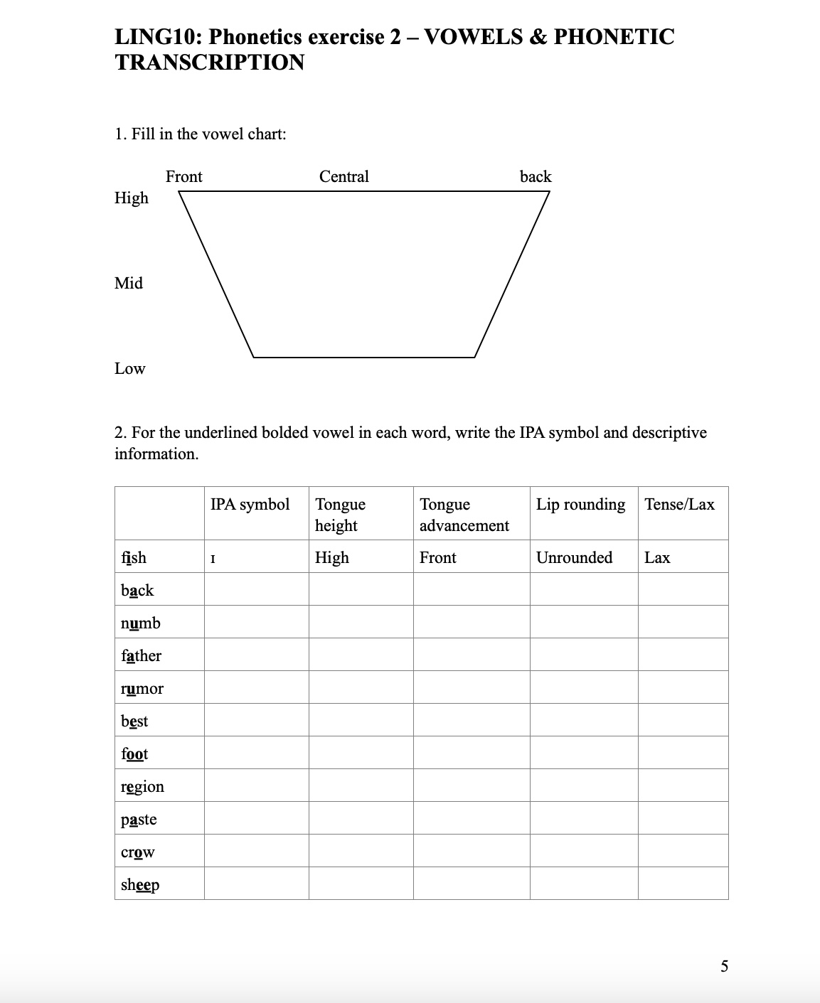 LING10: Phonetics exercise 2 - VOWELS \& PHONETIC | Chegg.com