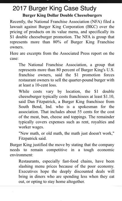 Solved 2017 Burger King Case Study Burger | Chegg.com