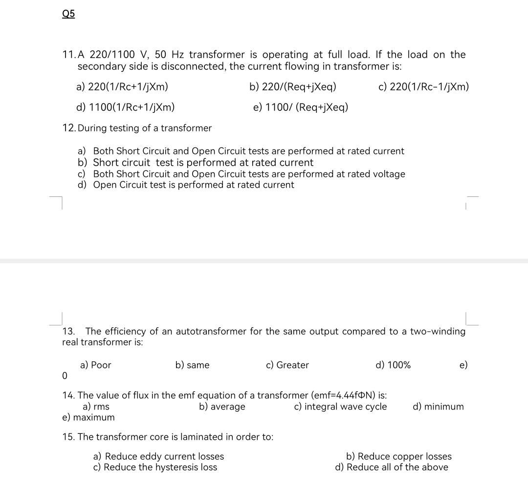 Solved 11. A 220/1100 V,50 Hz transformer is operating at | Chegg.com