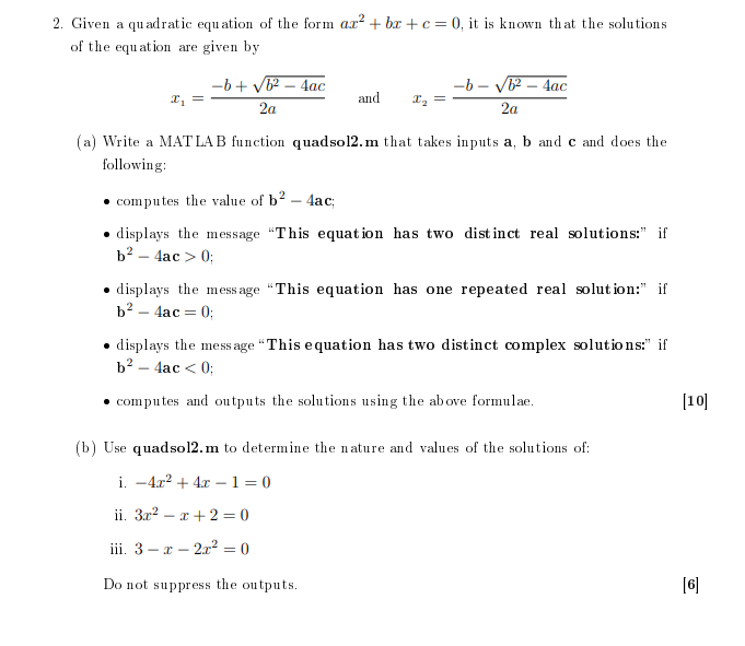 Solved 2. Given a quadratic equation of the form ax +bx+c= | Chegg.com