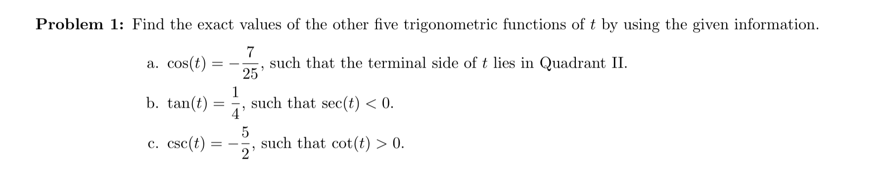 Solved Problem 1: Find the exact values of the other five | Chegg.com