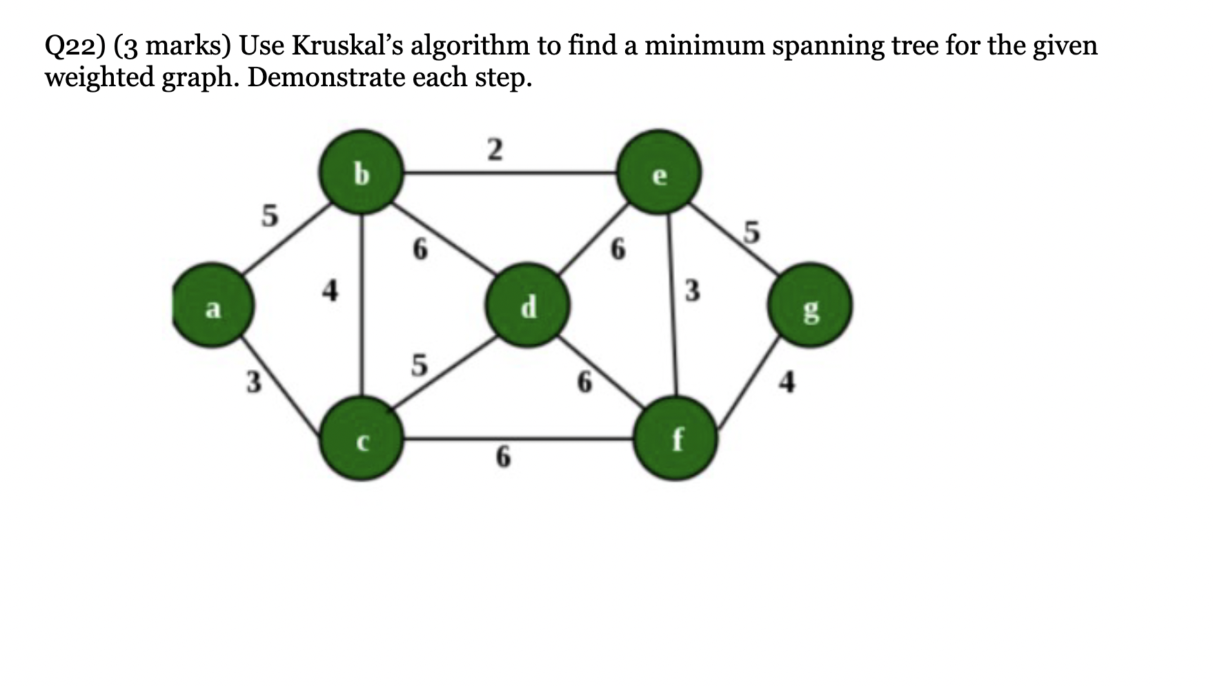 Solved a Q22) (3 marks) Use Kruskal's algorithm to find a | Chegg.com