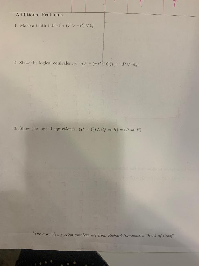 Solved Additional Problems 1. Make a truth table for (PV-P) | Chegg.com