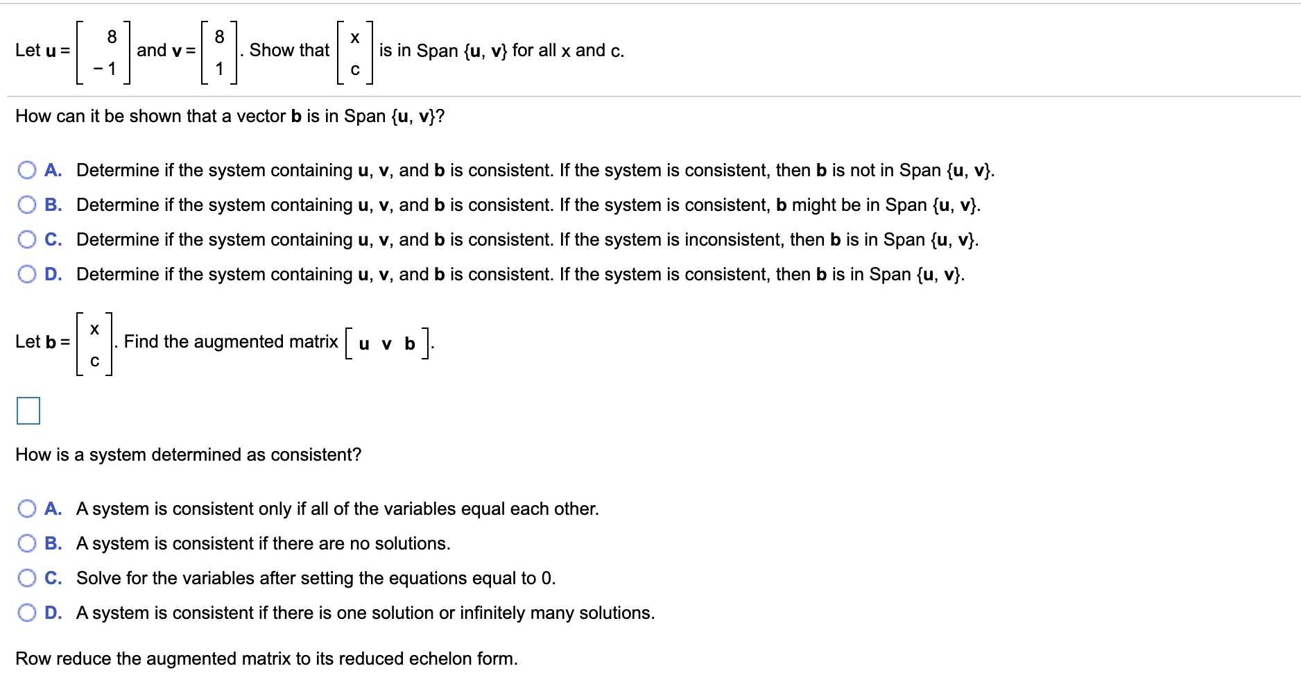 Solved 8 8 х Let u= and v= Show that is in Span {u, v} for | Chegg.com