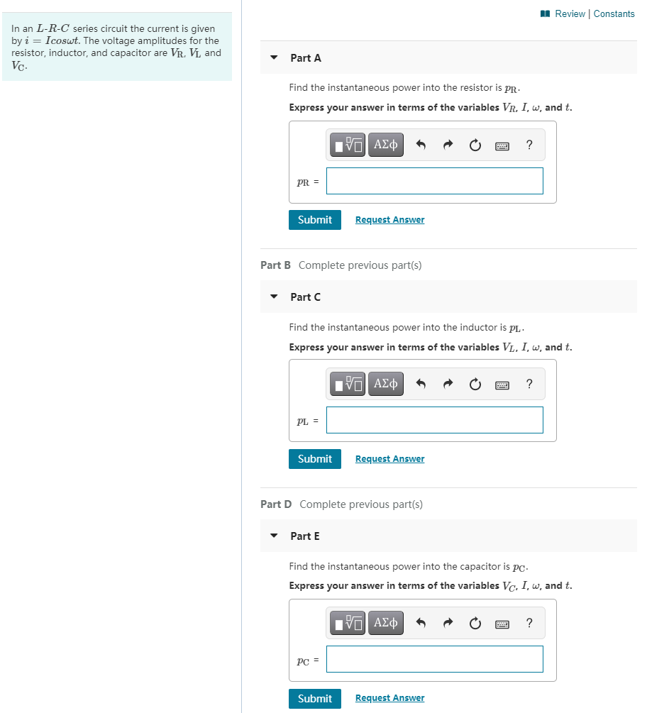 Solved n Review Constants In an L-R-C series circuit the | Chegg.com