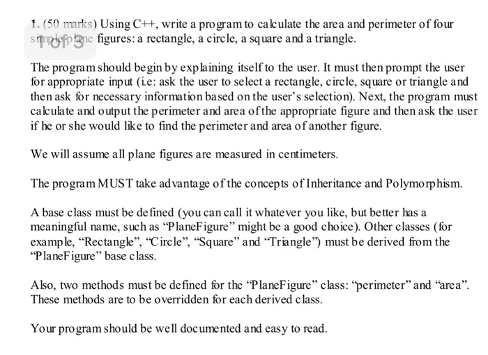 Solved Using C++, write a program to calculate the area and | Chegg.com