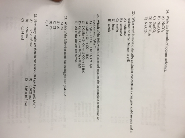 Solved 24. Write the formula of sodium carbonate. A) NaCO2 | Chegg.com
