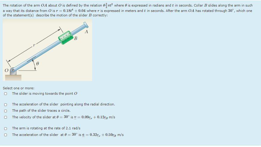 Solved The rotation of the arm OA about O is defined by the | Chegg.com