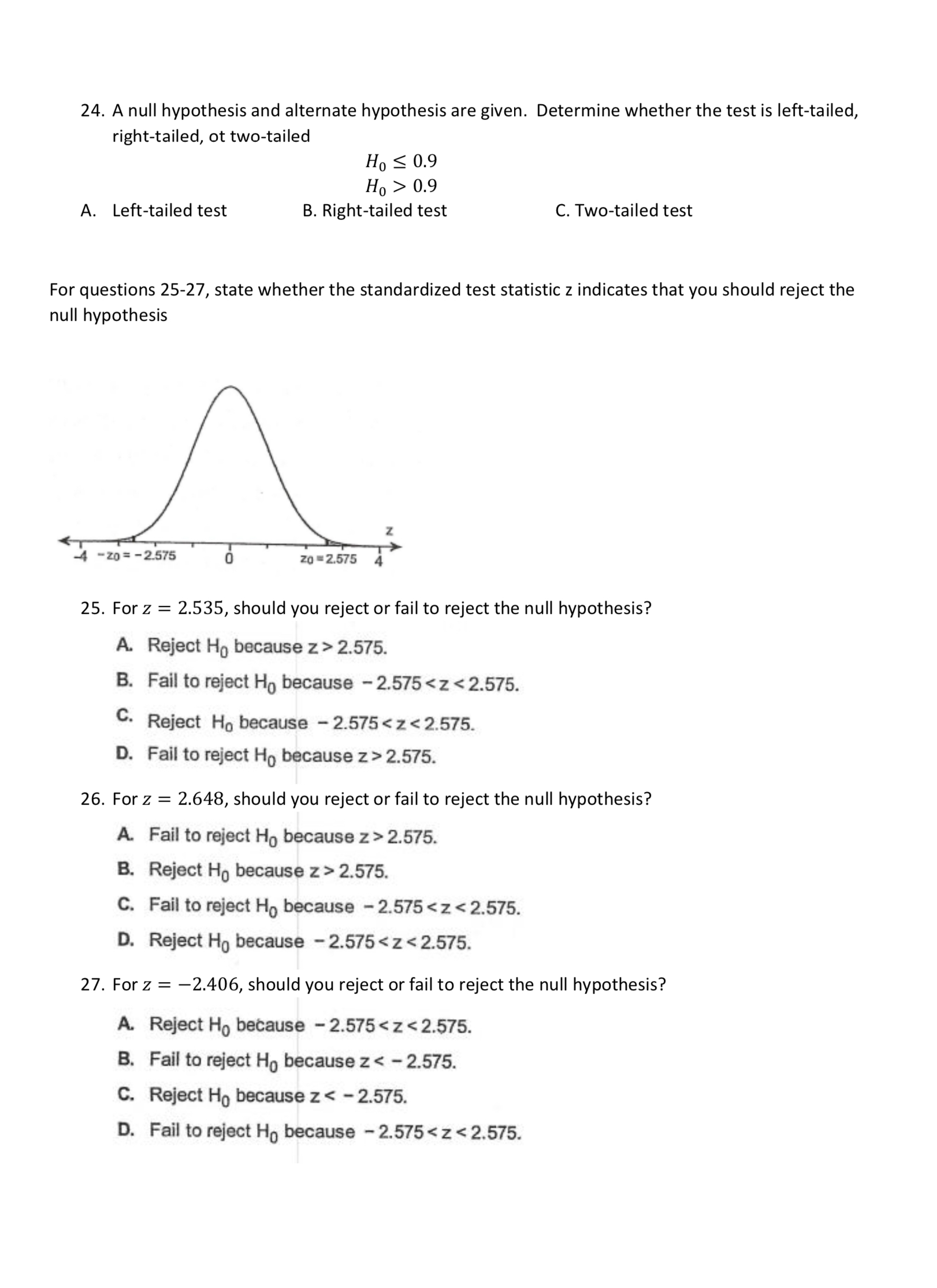Solved A null hypothesis and alternate hypothesis are given. | Chegg.com