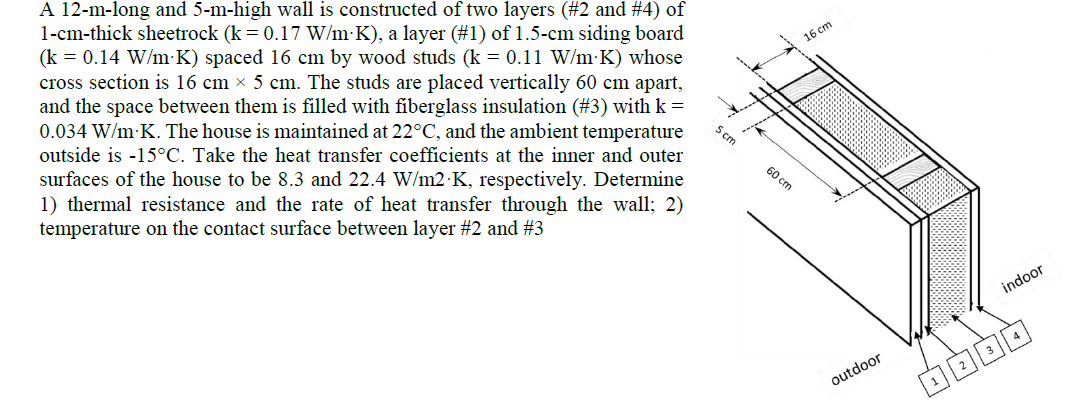 Solved 16 cm A 12-m-long and 5-m-high wall is constructed of | Chegg.com